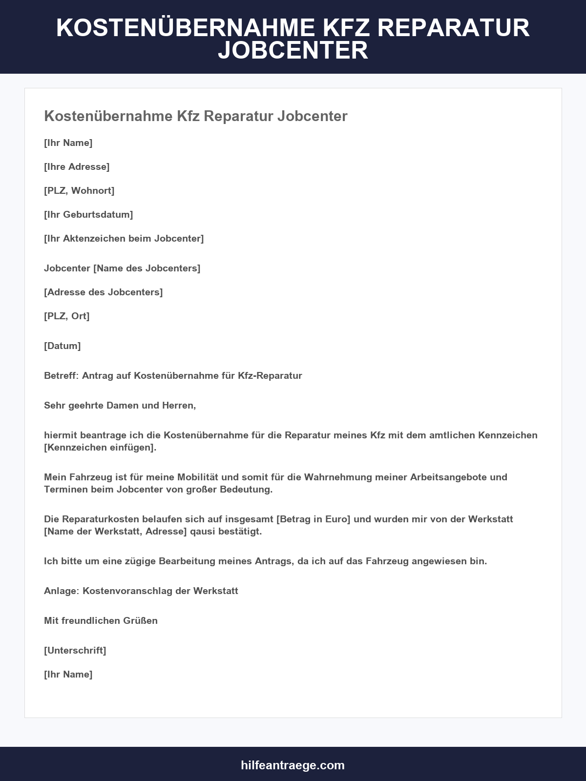 Formular Kostenbernahme Kfz Reparatur